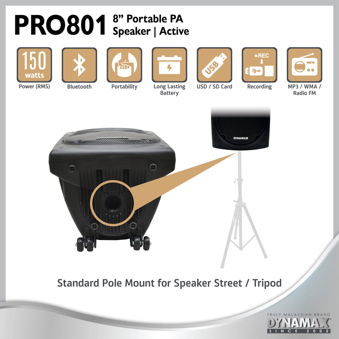 DYNAMAX PRO801 8” Bluetooth Portable Active Speaker System with 2 VHF ...